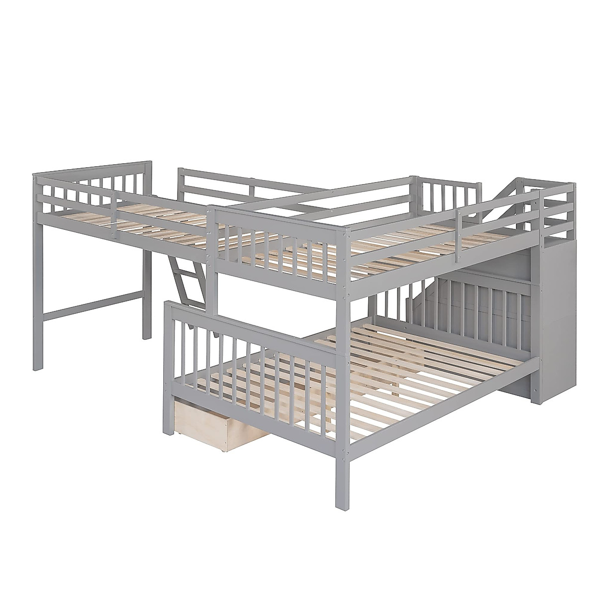 Harper & Bright Designs L Shaped Bunk Bed with Stairs and Storage, Twin Over Full Size Triple Bunk Bed for 3, Wood Corner Beds for Kids, Teens, Adults. No Box Spring Needed (Gray)