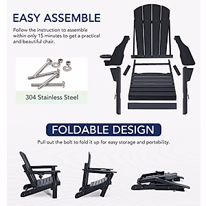 ABCPATIO Folding Adirondack Chair with Footrest - Outdoor Weather Resistant Plastic Adirondack Chairs with Detachable Ottoman, Stackable Seating with Cup Holder for Patio (Seat Width 20", Black)