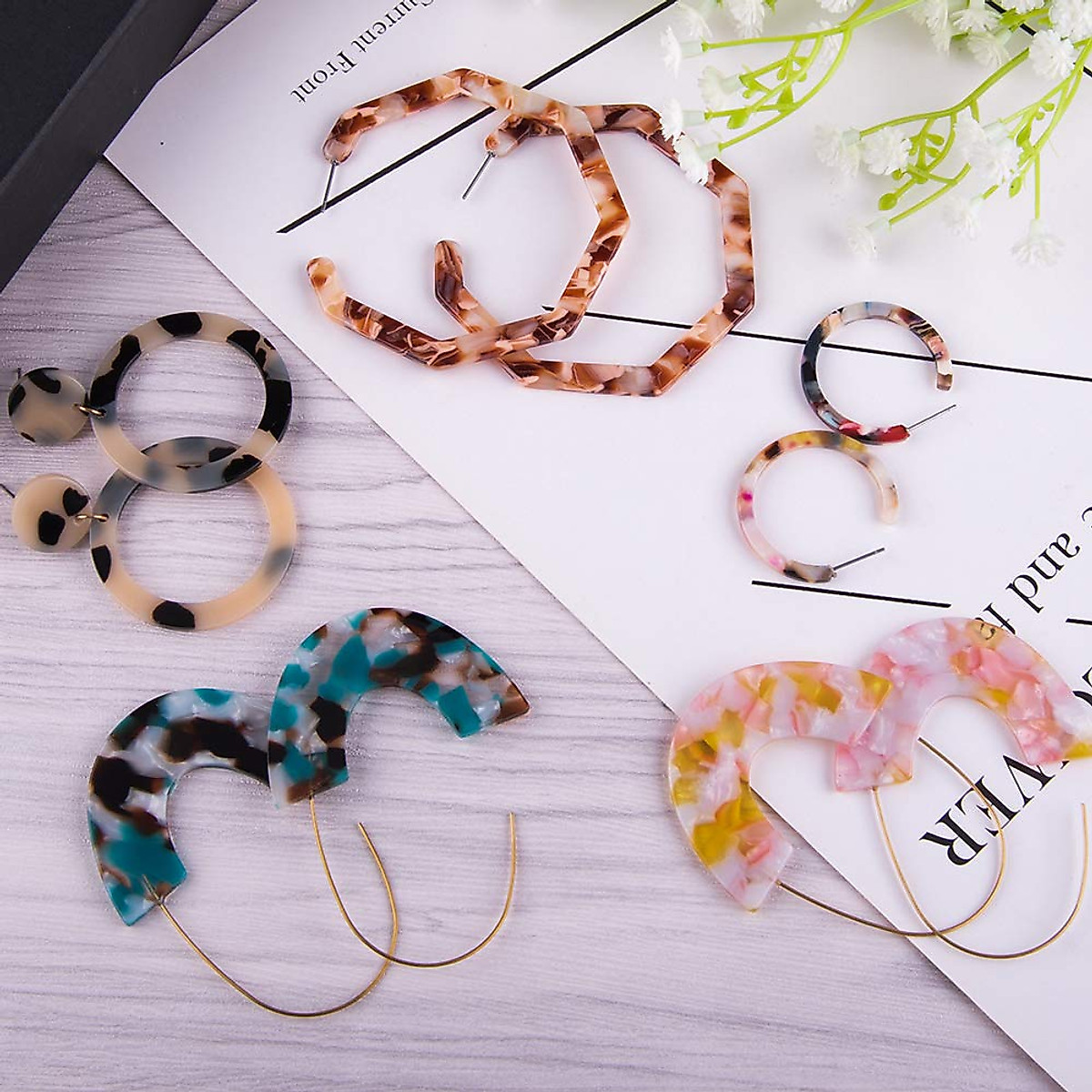 Duufin 20 Pairs Acrylic Earrings Statement Earrings Resin Drop Dangle Mottled Acrylic Hoop Earrings Polygonal Bohemian Earrings Fashion Jewelry Earrings for Women