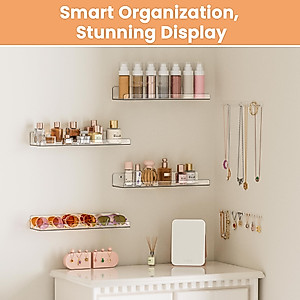 upsimples Clear Acrylic Shelves for Wall Storage, 15" Acrylic Floating Shelves Wall Mounted, Kids Bookshelf, Display Ledge Wall Shelves for Bedroom, Living Room, Bathroom, Kitchen, Set of 4