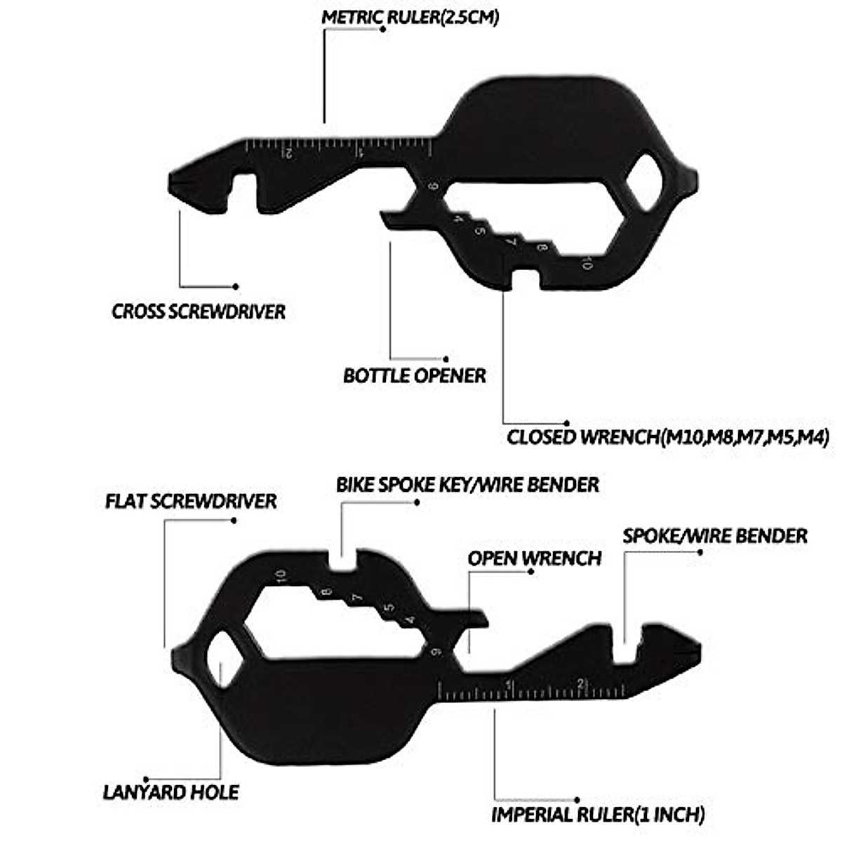 Keychain Multi-tools,Stainless Steel Pocket Tool Indoor Outdoor Multifunction Tool Lightweight EDC Gadget for Screwdriver, Wrench, Bottle Opener, Ruler, Spoke, Key Shaped Black