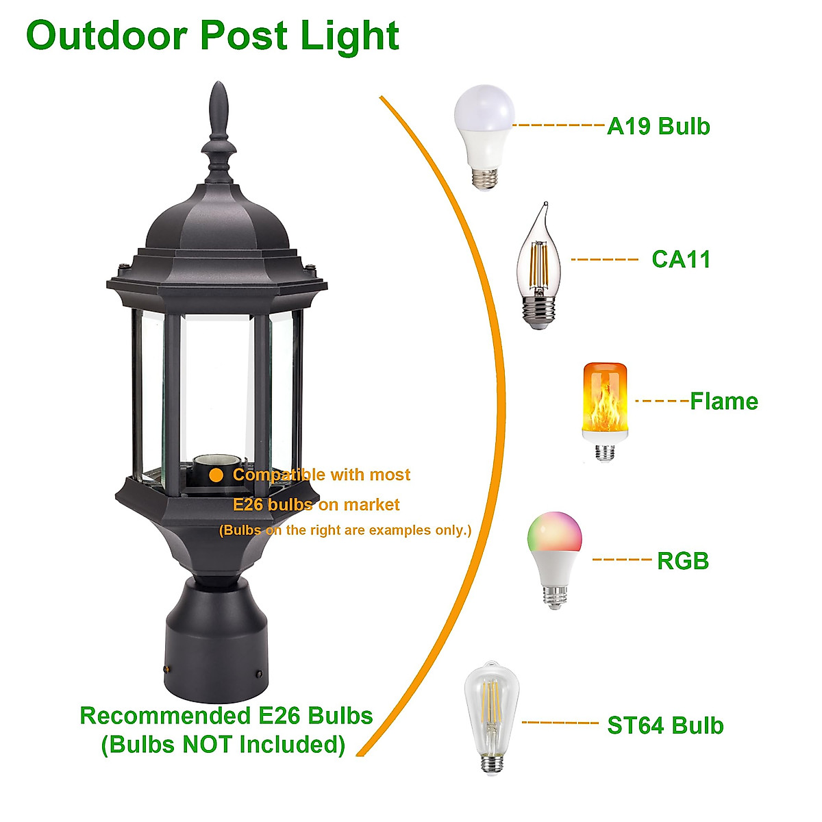 LIT-PaTH Outdoor Post Lighting Fixture Pole Lantern, E26 Medium Base Max 60W, Aluminum Housing Plus Glass, 1-Pack, Black Finish