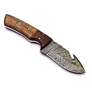 Rare Custom Damascus Fuller Gut Hook Knife Skinning Knife Hunting Knife |Outdoor Knife Camping Knife | Color Wood Handle with Free Genuine Leather Sheath (S-76)