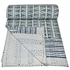 MAVISS HOMES Hand Block Print Kantha Quilt | Queen Size Cotton Quilt | Throw Blanket Bedspread |Vintage Kantha Blanket |Leightweight Cozy Soft Blanket; White and Blue