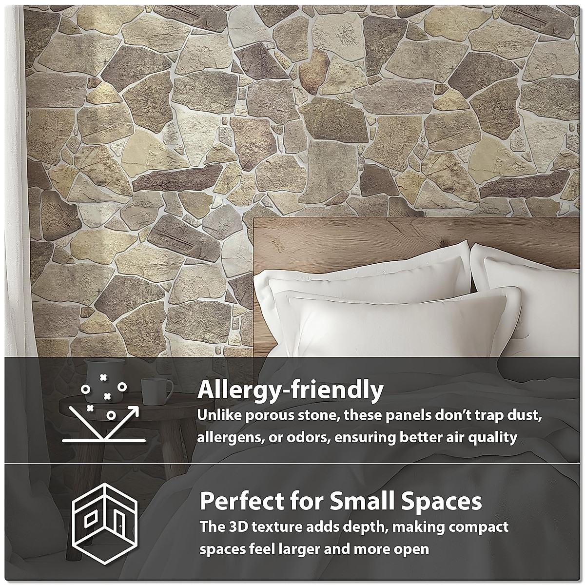 CONCORD WALLCOVERINGS ™ 5 Pack 3D Faux Brick Wall Panels, Beige Grey Wild Stone, Lightweight 38.7" x 25" (98.3 cm x 63.5 cm) PVC Sheets, Decorative Tiles for Living Room, Kitchen - Covers 33.59 Sq Ft