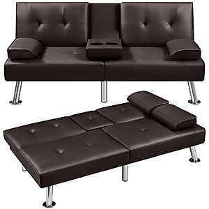 Yaheetech Convertible Sofa Adjustable Couch Sleeper Modern Faux Leather Home Reversible Loveseat, Removable Armrests, 3 Angles, 772lb Capacity, Espresso