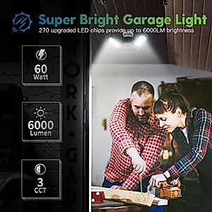 2-Pack 3CCT LED Garage Light with 3 Deformable Panels, 60W 6000LM with E26/27 Medium Base, 3000K/4000K/6000K Selectable Triple LED Garage Lighting, Screw in LED Tri Light for Attic, Basement(Black)