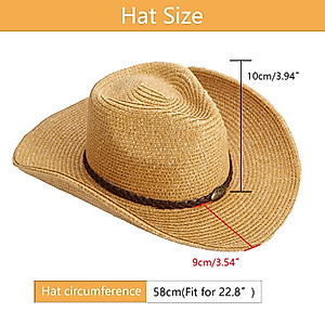 Western Cowboy Hat with String for Women Men Foldable Summer Sun Protection Straw Beach Hats with Wide Brim Khaki