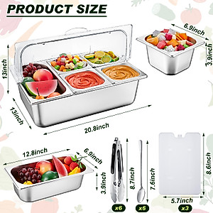Tessco 1 Set Countertop Ice Food Serving Display Container Condiment Dispenser with Lid Stainless Steel Serving Tray Buffet Station with Clamps Spoons Ice Box for Restaurant Kitchen (5 Compartments)