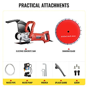VEVOR 14" Electric Concrete Saw, 1800W Concrete Cutter 15Amp Cut-off Saw, Wet/Dry Corded Circular Saw with 14" Blade and Attachments, 5" Cut Depth Masonry Saw for Granite, Brick, Porcelain