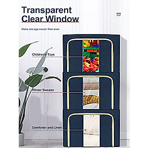 2-Pack Clothes Storage Container Set - Homlab 72L x 2 Closet Organizer Boxes With Steel Frame, Foldable Large Blanket Bins, Thick Oxford Fabric, Waterproof, Clear Window, Reinforced Handle, Zipper (Blue)