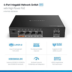 Amcrest 5-Port POE+ Switch (4-Port POE+) Metal Housing, POE 802.3af/at 60W (AMPS4E4P-AT-60)