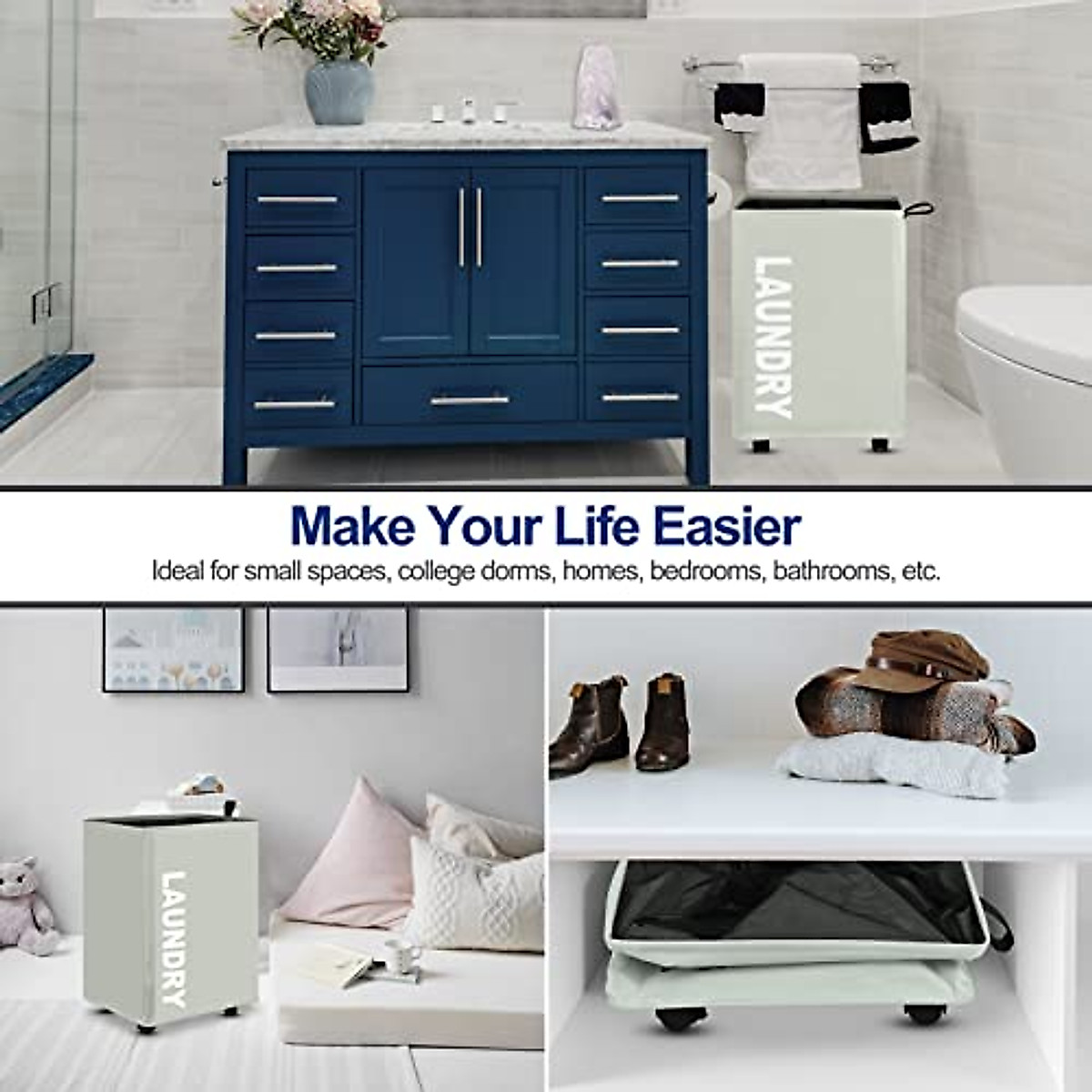 HolaDream Laundry Basket with Wheels, 22" Large Rolling Hamper with Leather Handle 70L, Collapsible Dirty Clothes Foldable Corner Washing Bin Waterproof Storage Organizer