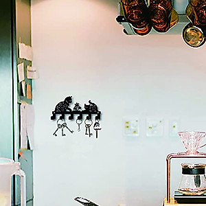 CREATCABIN Metal Key Holder Black Key Hooks Wall Mount Hanger Decor Hanging Organizer Rock Decorative with 6 Hooks Cat and Flower Pattern for Front Door Entryway Cabinet Towel 10.6 x 5.1inches