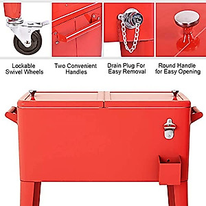 Giantex 80 Quart Rolling Cooler Cart, Steel Patio Cooler with Locking Wheels, Bottle Opener, Drain Plug, Outdoor Beverage Bar Cooler Trolley Ice Chest for Party Cookouts Backyard BBQ (Red)
