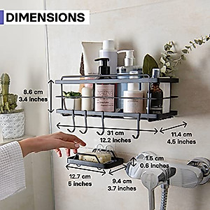 KINCMAX Shower Caddy Basket Shelf & Soap Dish Set (with Hooks)- Adhesive Drill-Free Bathroom Organizer - Shower Storage Shelves for Inside Shower w/Hooks for Accessories (Black)