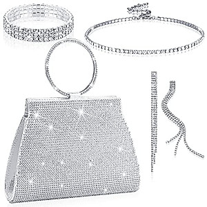 4 Pcs Women Wristlet Rhinestone Evening Clutch Bag Rhinestone Bridal Wedding Choker Bracelet Dangle Earring Bride and Bridesmaid Handbag Elegant Bling Glitter Purse