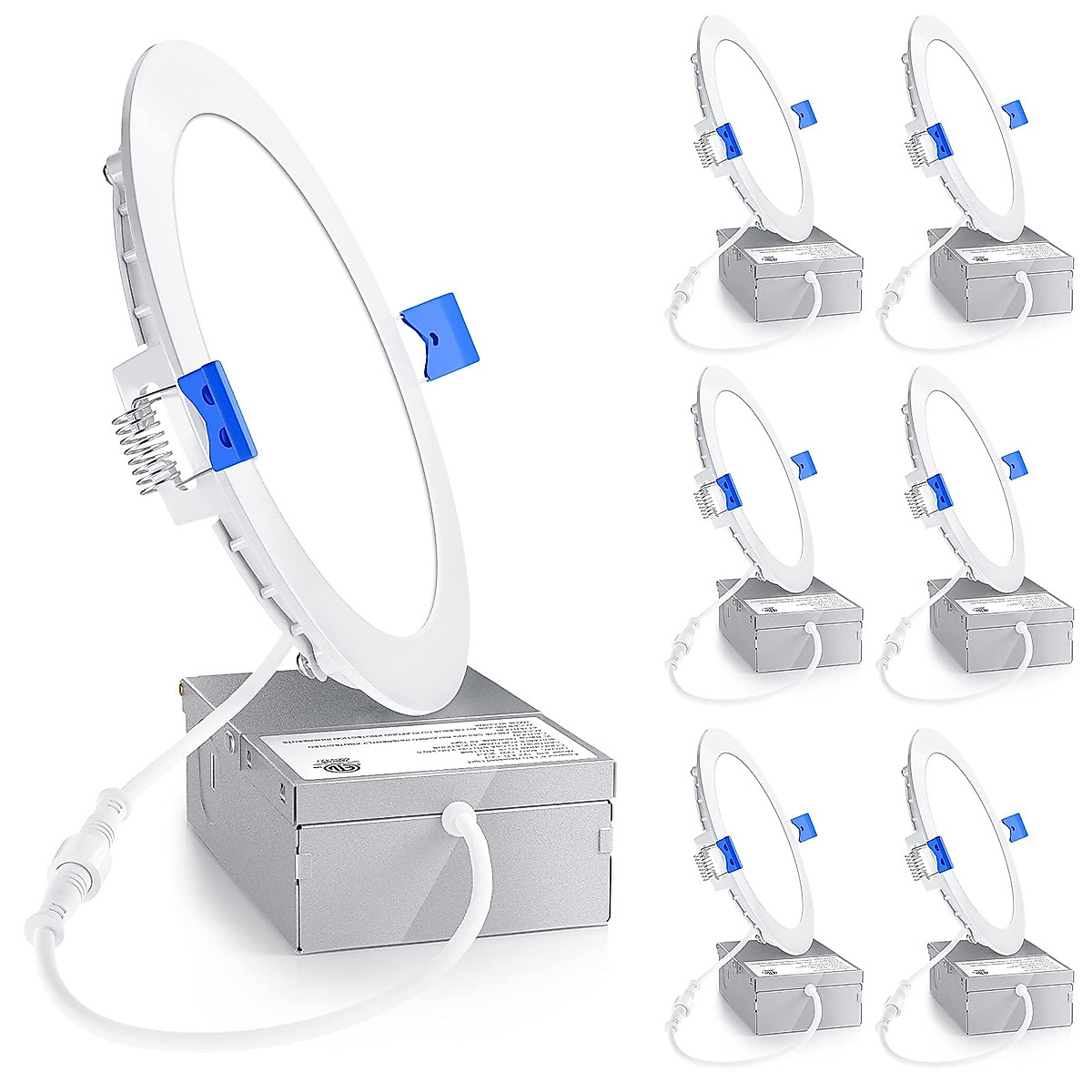 Ensenior 6 Pack 6 Inch LED Recessed Light, Dimmable, 5000K Daylight, 1050LM High Brightness, 12W 120V, Damp Rated, Ultra-Thin Canless Wafer Ceiling Light - ETL & FCC & IC