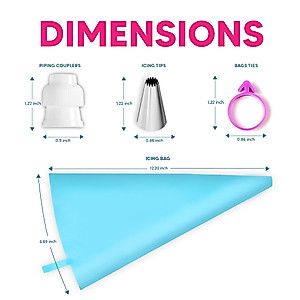 Riccle Reusable Piping Bag and Tips Set - Strong Silicone Icing Bag and Tips - Ideal Icing Piping Kit of 2 Reusable Pastry Bag,2 Coupler, 10 Icing and Frosting Tips with 2 Bag Ties