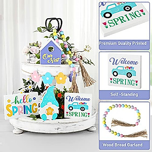 10 Pieces Easter Tiered Tray Decoration Hello Spring Tiered Tray Decor Farmhouse Wood Decor Fresh Flower Market Home Gnome 3D Sign Seasonal Bloom Butterfly Kitchen Wooden Ornament (Flower Style)