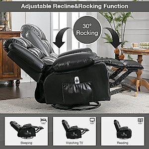 Massage Swivel Rocker Recliner Chair with Vibration Massage and Heat Ergonomic Lounge Chair for Living Room with Rocking Function and Side Pocket 2 Cup Holders USB Charge Port (Black)