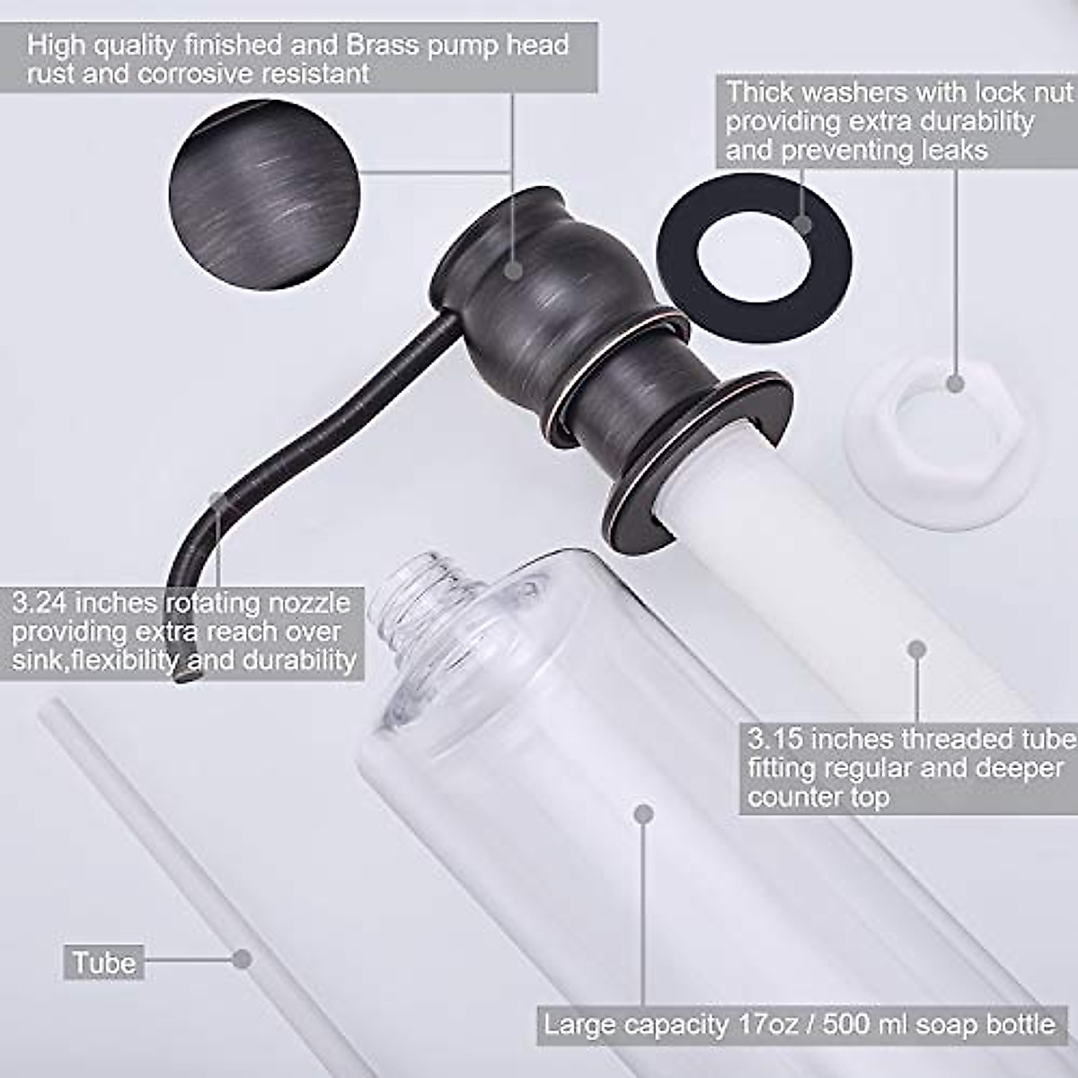 SAMODRA Kitchen Sink Soap/Lotion Dispenser, Brass Pump Head Oil Rubbed Bronze 17 OZ Bottle Built in Design Refill from The Top for Granite Thick Deck Installs