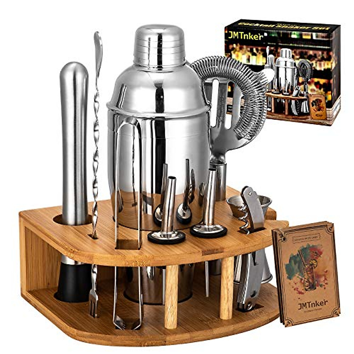 Cocktail Shaker Set with Stand | Perfect Bartender Kit for Home and Bar-Bar Tools Set: 24oz Martini Shaker, Muddler, Jigger, Strainer, Mixer Spoon, Tongs, Corkscrew, 2 Liquor Pourers, Recipes Cards
