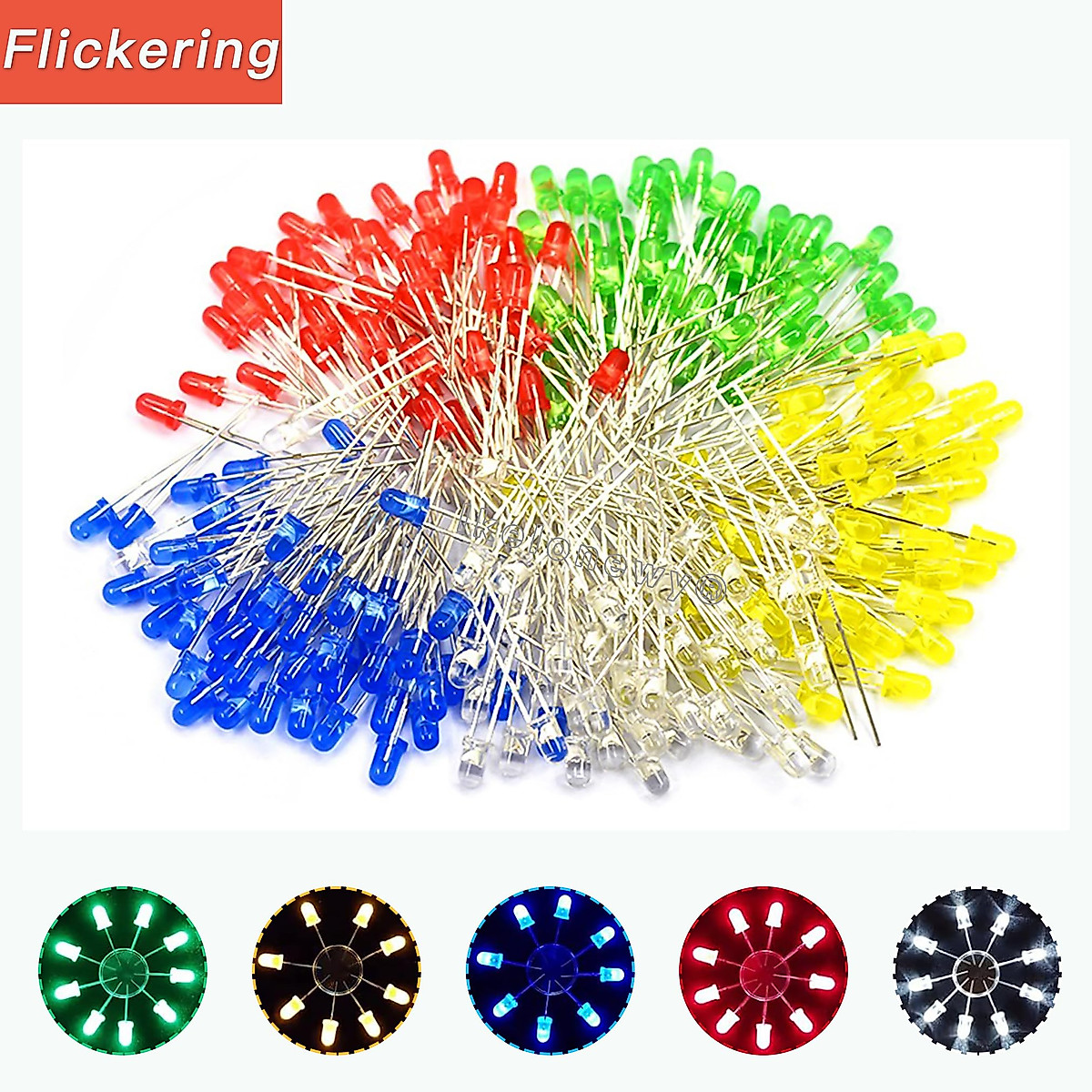 lkelyonewy 5mm Flickering led Lights for Models Mini LED Lamps Flicker Micro Lights Emitting Diode Assortment Kit Red, Yellow, Green, Blue, White(40 of Each Colour 200 Pieces in Total)