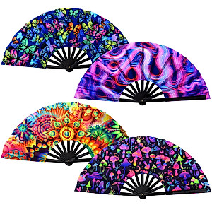 BBTO 4 Pcs UV Glow Large Folding Hand Rave Fan for Men Women Chinese Japanese Bamboo Folding Clack Hand Fan for EDM Music Festival Club Party Dance Performance Gift, 4 Styles, 25"(Fresh)