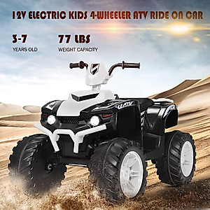 Costzon Kids ATV, 12V Battery Powered Electric Vehicle w/LED Lights, High & Low Speed, Horn, Music, USB, Treaded Tires, Ride on Car 4 Wheeler Quad for Boys & Girls Gift, Ride on ATV (White)