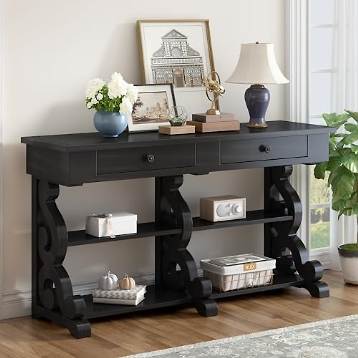 Retro Wood Console Table with Ample Storage, Classic Sideboard with 2 Drawers and Open Adjustable Shelves for Entrance Dinning Room Living Room Corridor Hallway (Antique Black-pzm3)