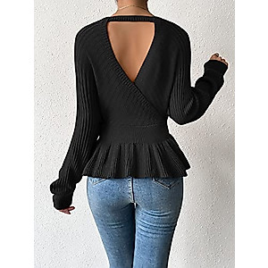 SweatyRocks Women's Deep V Neck Rib Knit Wrap Top Long Sleeve Ruffle Hem Peplum Sweater Black M