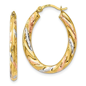 Diamond2Deal 14k Yellow Gold White Rose Rhodium Plated Oval Hollow Scallop Hoop Earrings (Length 0.94 in, Width 0.75 in)