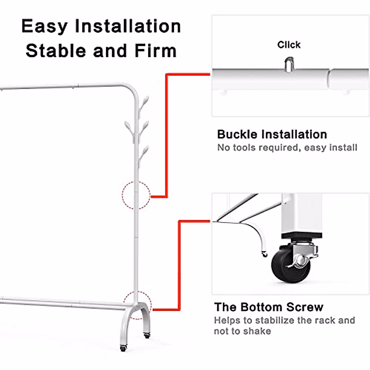 HILI Clothing Garment Rack with Wheels, Metal Clothes Stand Rack with Shoe Storage Rod, Sturdy Steel Frame Coat Rack for Indoor, Laundry, Bedroom(White)