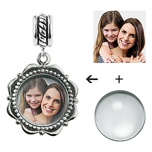 Qina C Sterling Silver Custom Personalized Dangle Photo Flower Frame Bead F/European Charm Bracelet Gift f/Family Friend Wife Daughter