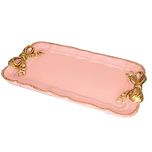 Vintage Decorative Tray Towel Tray Storage Tray Dish Plate Fruit Trays Rings Chain Bracelets Earrings Trays Cosmetics Jewelry Organizer Retro Design Bow-Knot Resin Plate Coquette Room Decor (Pink)