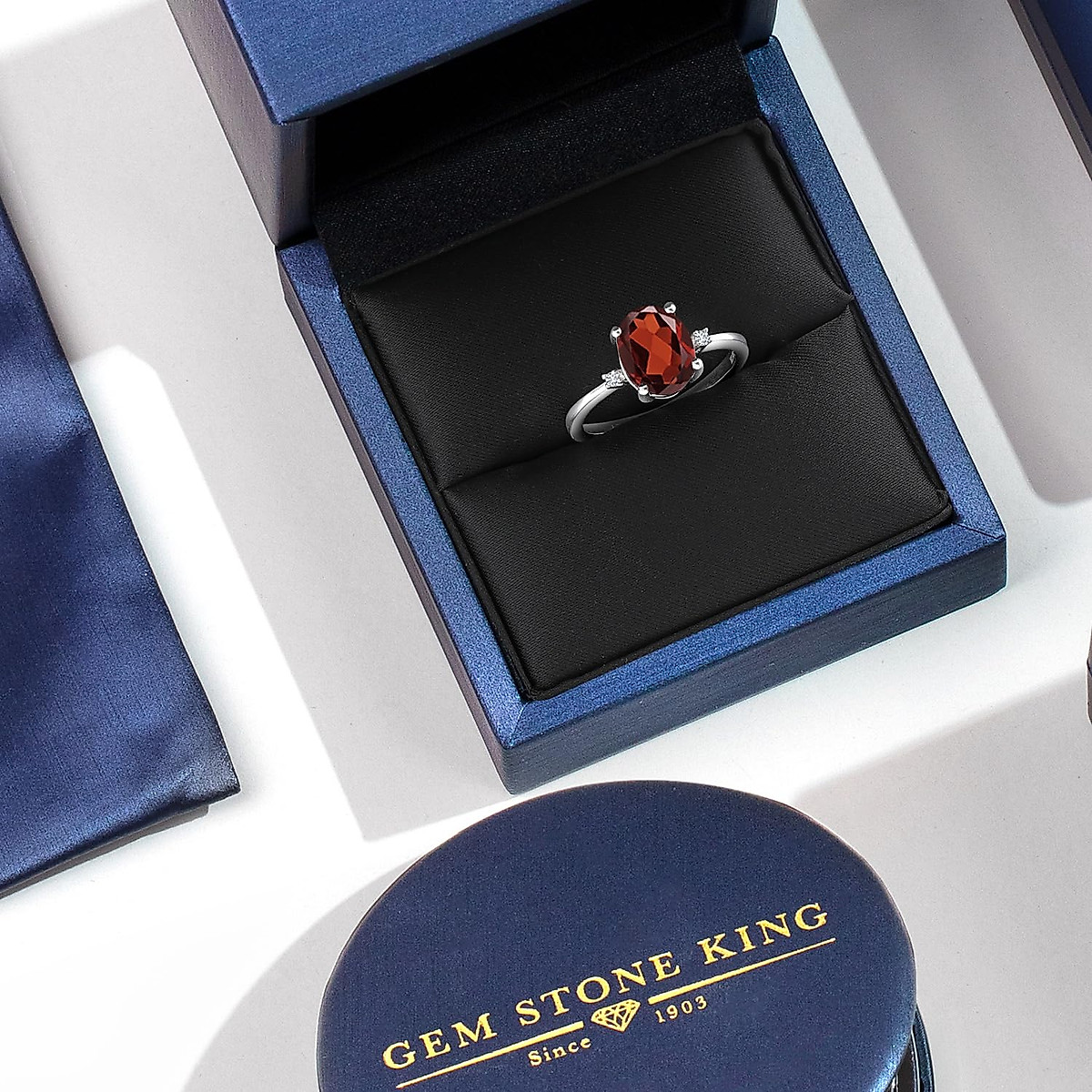 Gem Stone King 925 Sterling Silver Red Garnet and White Diamond Engagement Ring For Women | 2.83 Cttw | Oval 10X8MM | Gemstone Birthstone | Available 5,6,7,8,9 (Size 8)