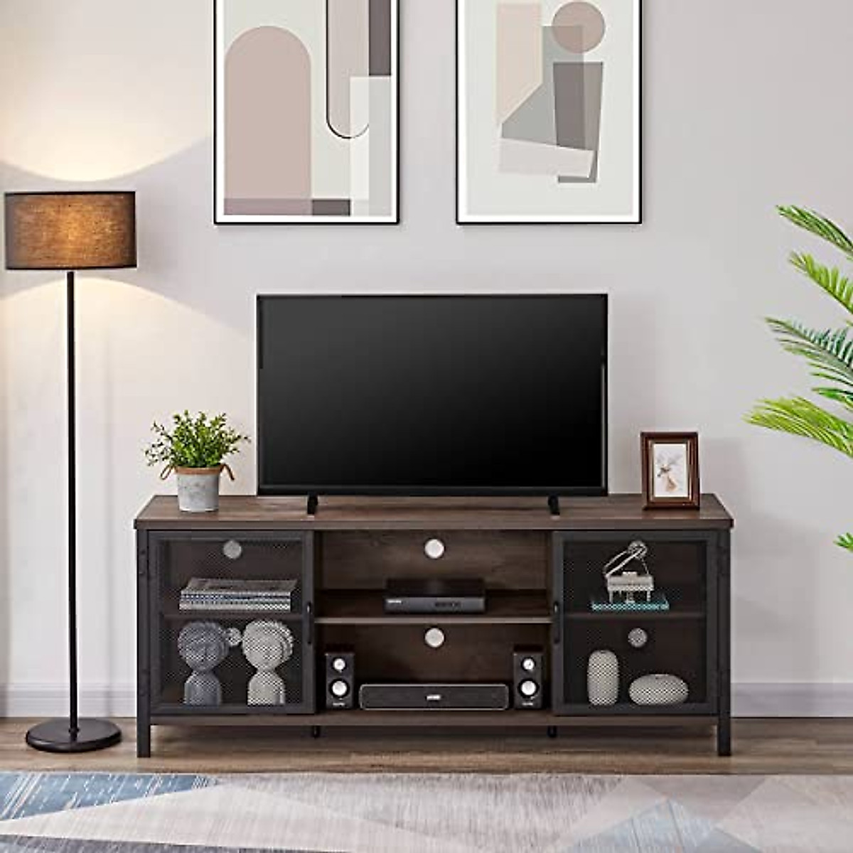 FATORRI Industrial TV Stand, Coffee Table and End Table with Charging Station for Living Room (Walnut Brown)