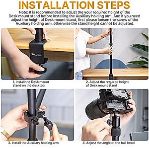 jusmo Camera Desk Mount with Auxiliary Holding Arm, Overhead Camera Mount with 360° Ballhead and Phone Grip, Table C-Clamp Multi Mount Stand for DSLR, Phone, Light, Webcam and More (LS02)