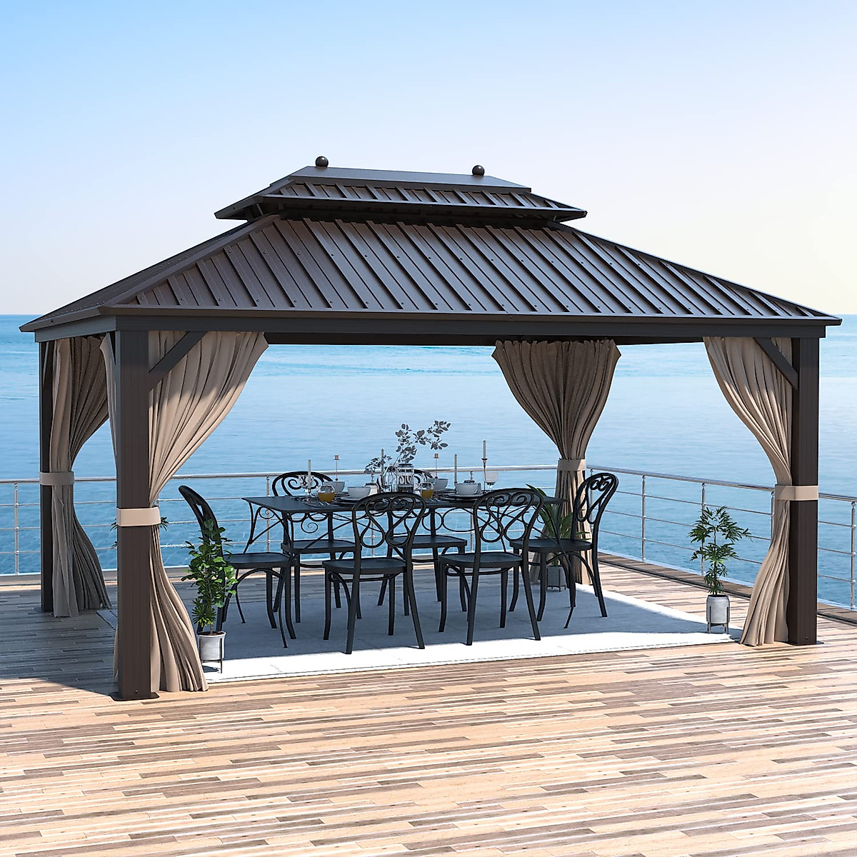 EROMMY 10'x13' Hardtop Gazebo, Galvanized Steel Outdoor Aluminum Canopy with Netting and Shaded Curtains, Double Roof Pergolas, Permanent Metal Pavilion for Patio, Backyard, Deck and Lawns, Brown