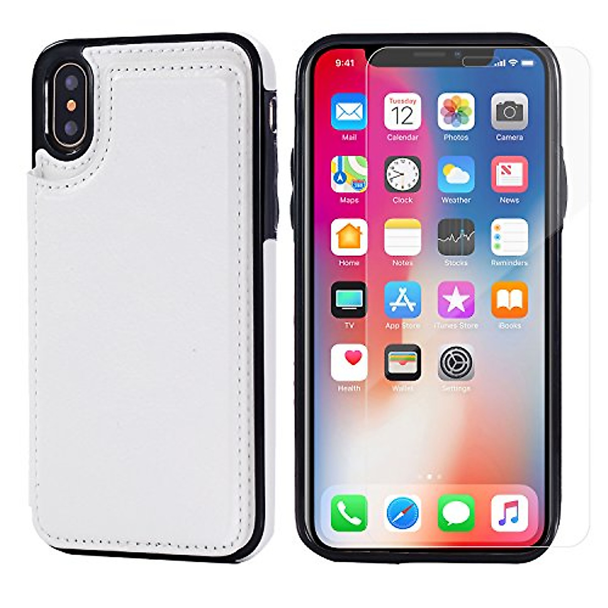 JOYAKI iPhone X/XS Wallet Case - Slim Leather with Card Holder & Free Screen Protector, 5.8 inch - White