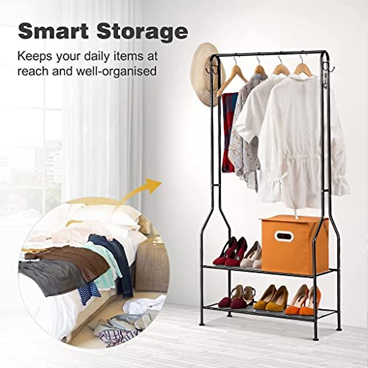 Heavy Duty Commercial Grade Clothing Garment Rack, 2-Tier Entryway Metal Coat Rack and Shoe Bench Storage Stand with Single Rod and 4 Hooks for Home Office Bedroom Max Capacity 66.1lbs, Black