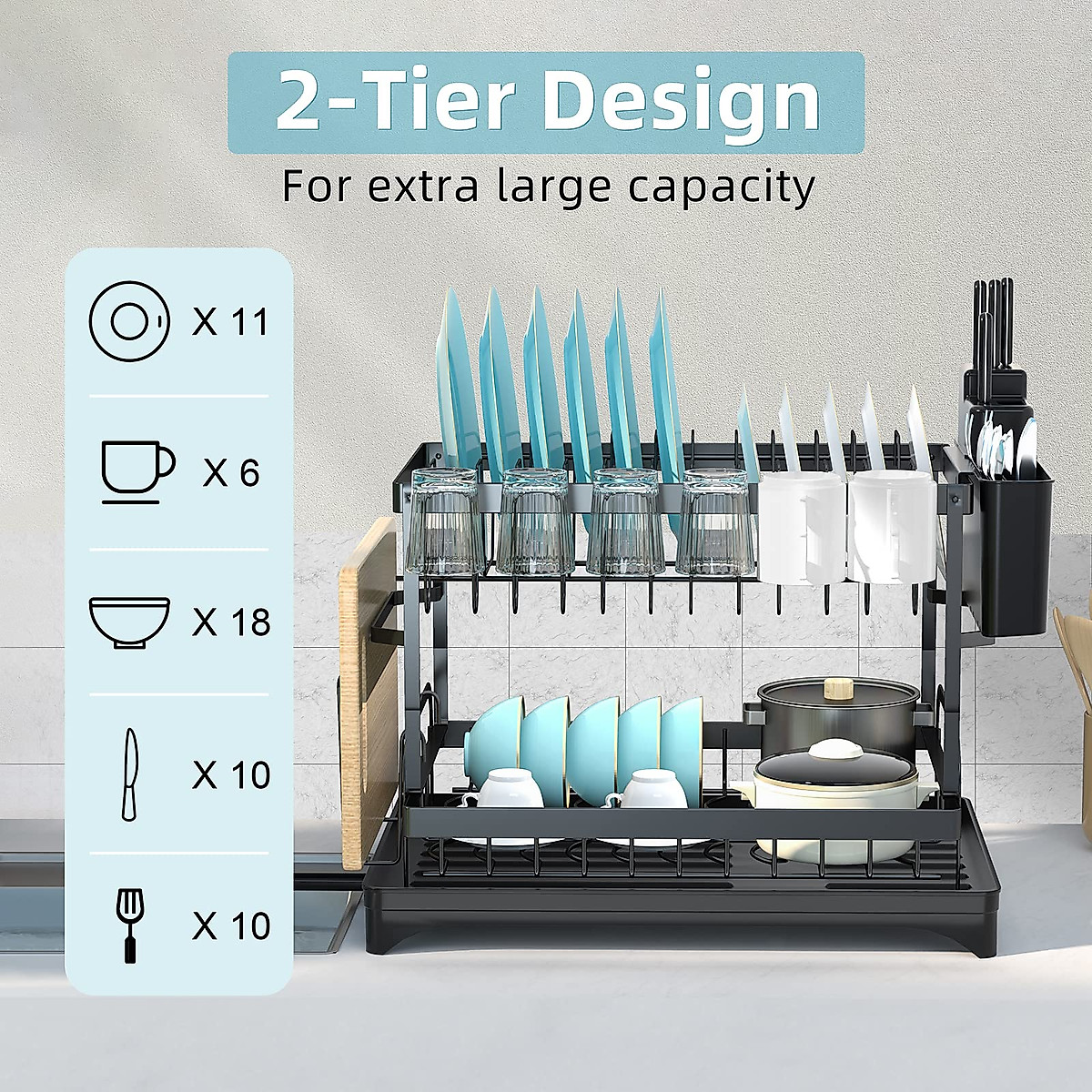 TAIJUELE Dish Drying Rack with Draining Plate, 2-Tier Rust Resistant Draining Rack for Kitchen Counter, Large Capacity Dish Organizer with Extra Drying Rack (Black)