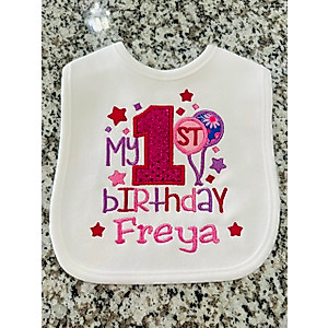 Fantasy Kids Designs First Birthday Baby Girl Bib Balloons Personalized with Custom Name (White Bib/Hot Pink)