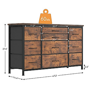 Jojoka Wide Dresser with 10 Large Drawers for 55'' Long TV Stand with Power Outlet Entertainment Center, Storage Fabric Drawer Unit for Bedroom, Closet, Entryway, Sturdy Metal Frame, Rustic Brown