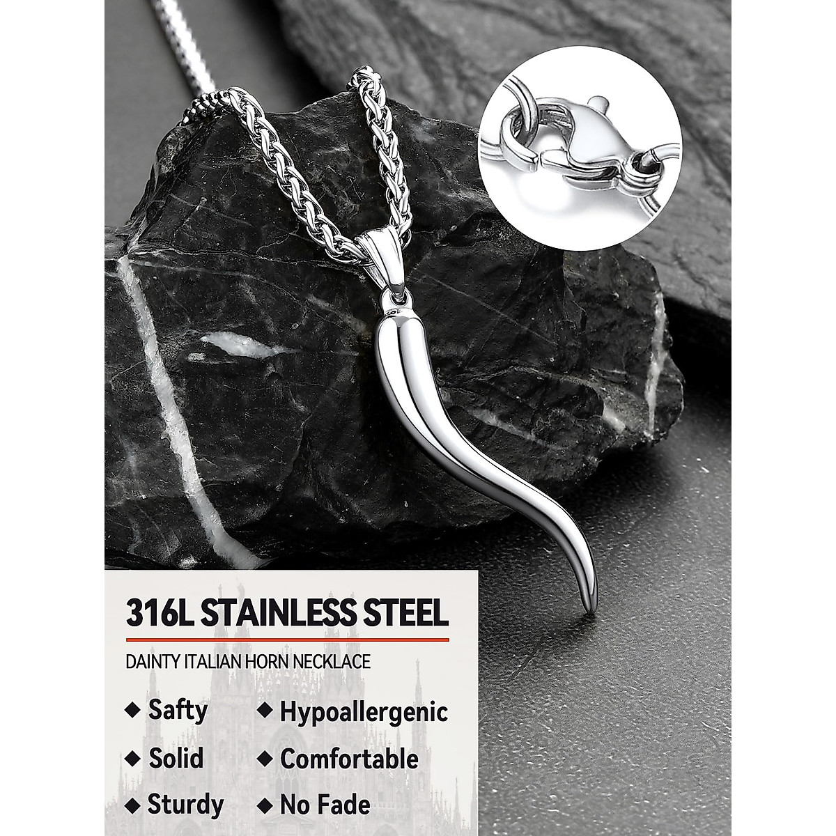 FaithHeart Italian Horn Pendant Necklace for Women Men Sturdy Stainless Steel Cornicello Necklace Protection Necklace Chains with Pendant Italian Charm Talisman with Gift Box