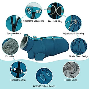 IKIPUKO Warm Dog Puffer Jacket, Zip Up Dog Coat with Harness Waterproof Dog Winter Coat for Large Medium Small Dogs Fleece High Collar Dog Snowsuit Dog Winter Jacket Reflective Dog Jacket(Green M)