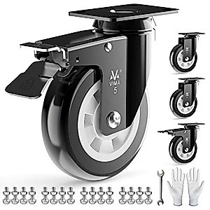 Heavy Duty Plate Caster Wheels 5" PU No Noise,Premium Polyurethane Double Ball Bearing Steels,Easily Lock or Unlock -440 Lbs Per Casters (Pack of 4, 2 Swivel Dual Locking & 2 Swivel) Black Wheel