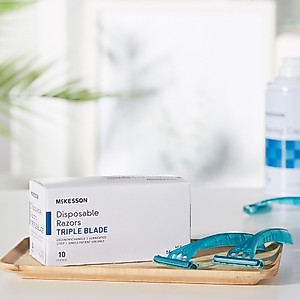 McKesson Disposable Razors, Stainless Steel Triple Blade, Lubricated Strip, Ergonomic Handle, Turquoise, 10 Count, 1 Pack