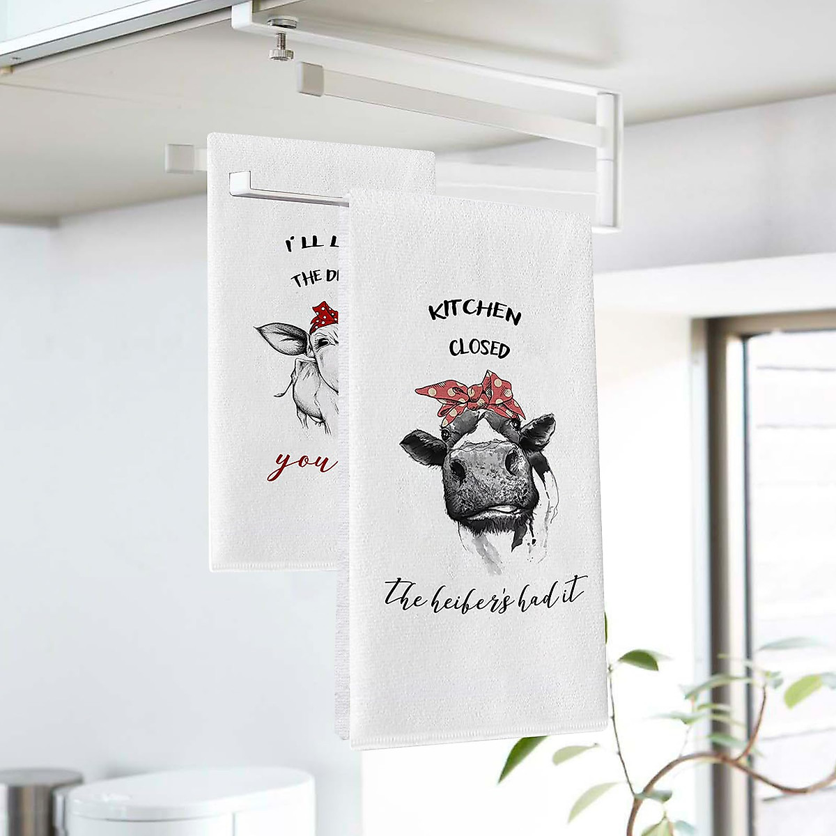 Seliem Funny Farm Cow Kitchen Dish Towel, Kitchen Closed The Heifers Had it I’ll Lick The Dishes You Dry Sign Tea Bar Hand Drying Cloth, Country Farmhouse Fun Animal Decor Home Decorations 18” x 26”